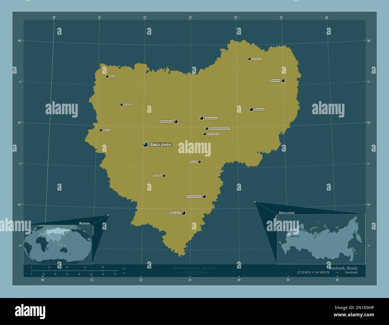 Smolensk, region of Russia. Solid color shape. Locations and names of ...
