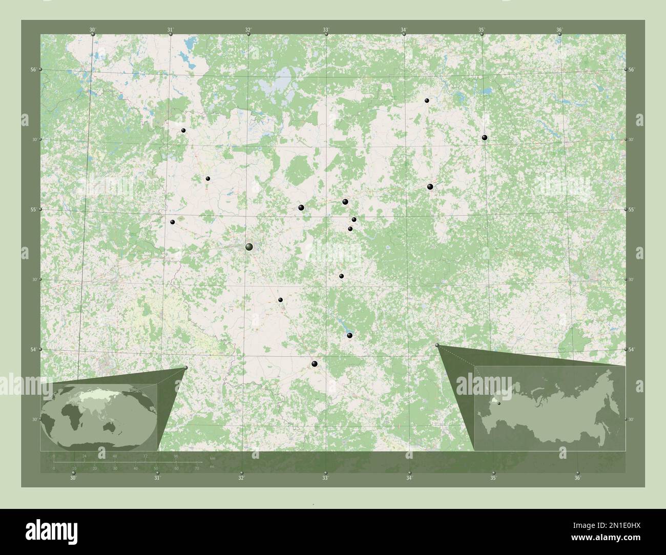 Smolensk, region of Russia. Open Street Map. Locations of major cities ...