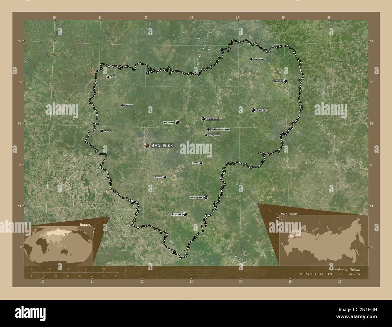 Smolensk, region of Russia. Low resolution satellite map. Locations and ...