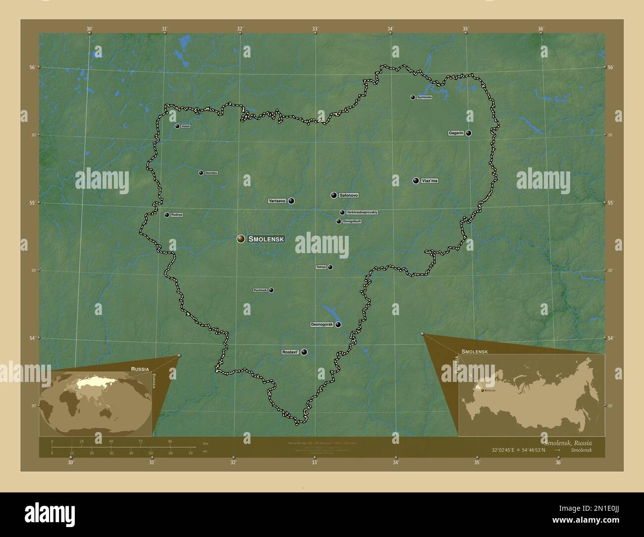 Smolensk, region of Russia. Colored elevation map with lakes and rivers ...