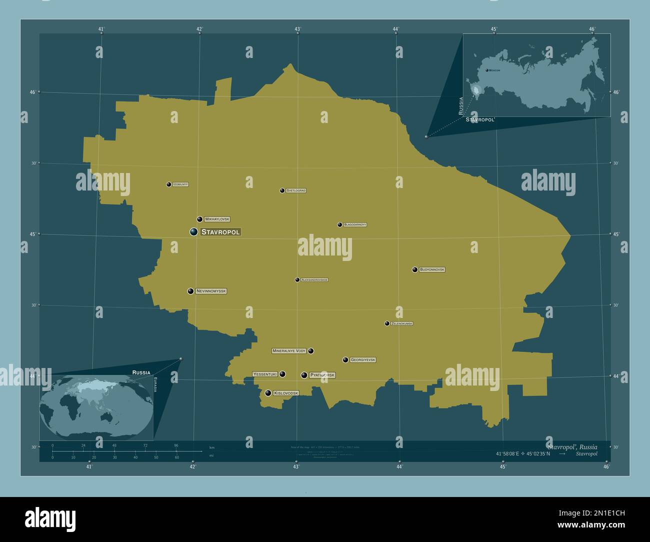 Stavropol', territory of Russia. Solid color shape. Locations and names ...