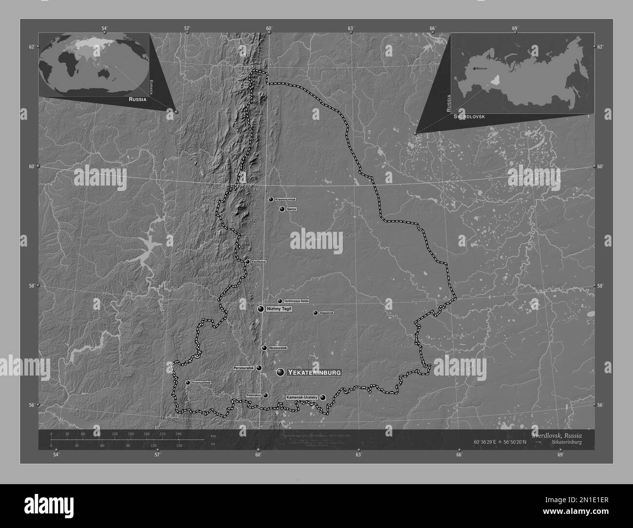 Sverdlovsk, region of Russia. Bilevel elevation map with lakes and ...