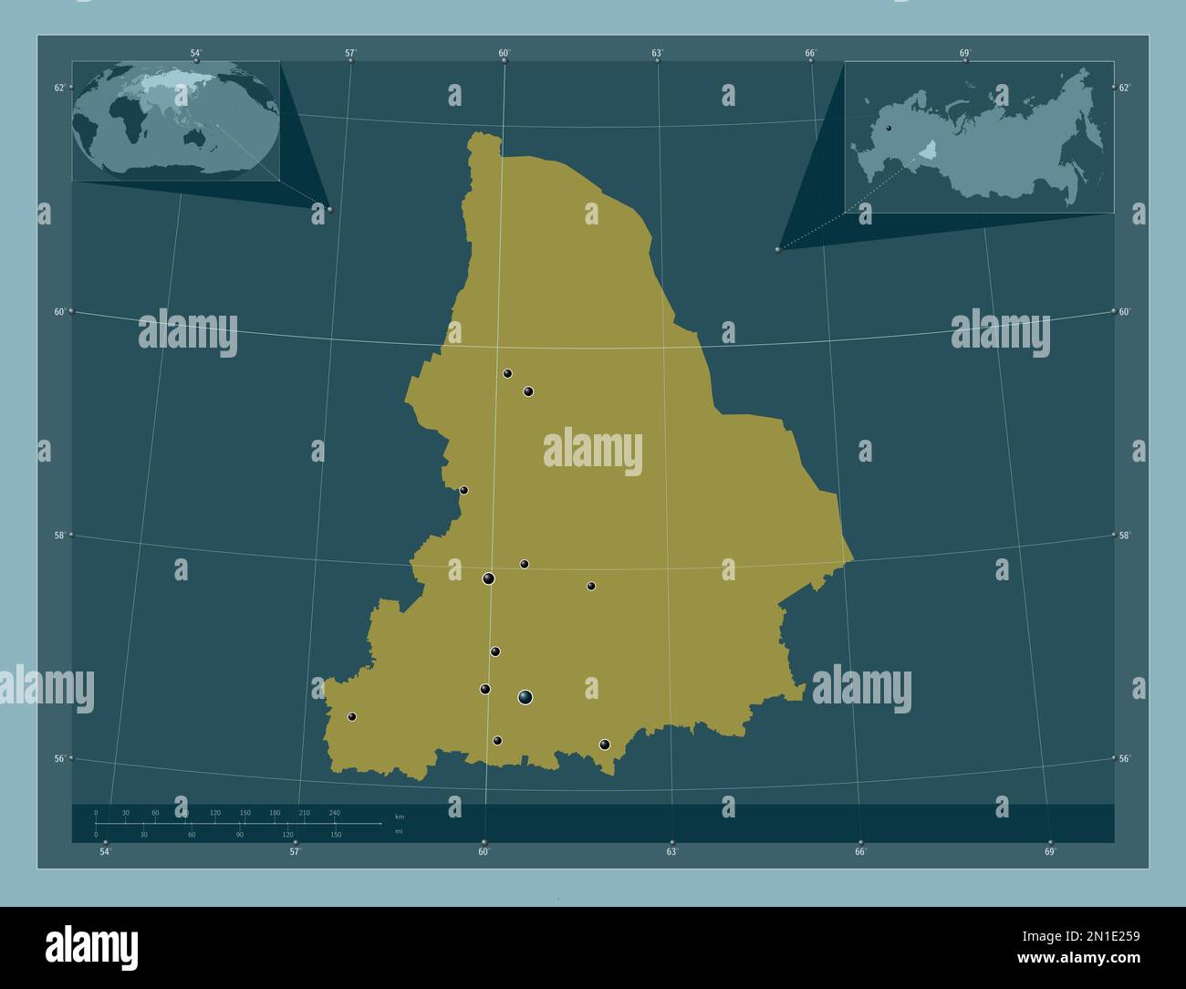 Sverdlovsk, region of Russia. Solid color shape. Locations of major ...