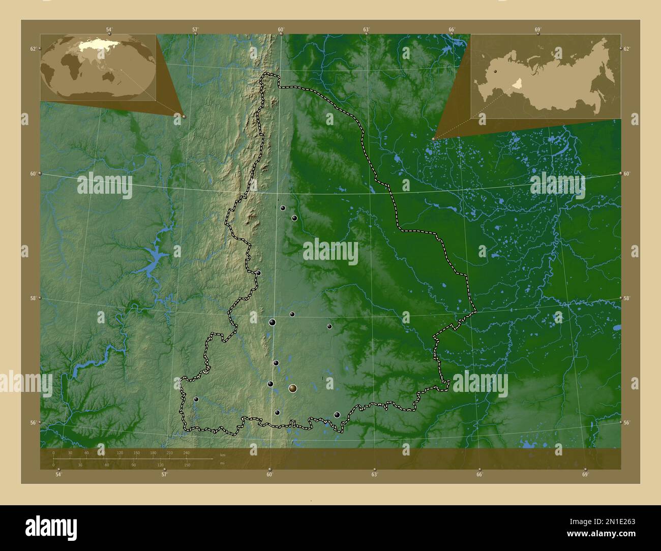 Sverdlovsk, region of Russia. Colored elevation map with lakes and ...