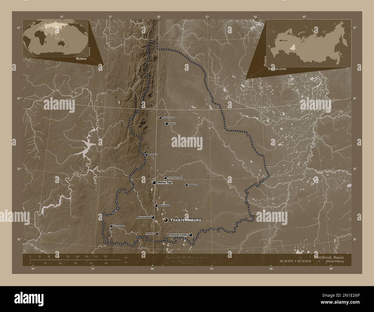 Sverdlovsk, region of Russia. Elevation map colored in sepia tones with ...