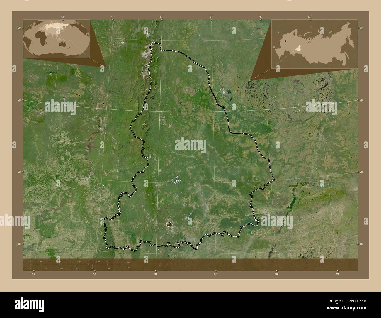 Sverdlovsk, region of Russia. Low resolution satellite map. Corner ...