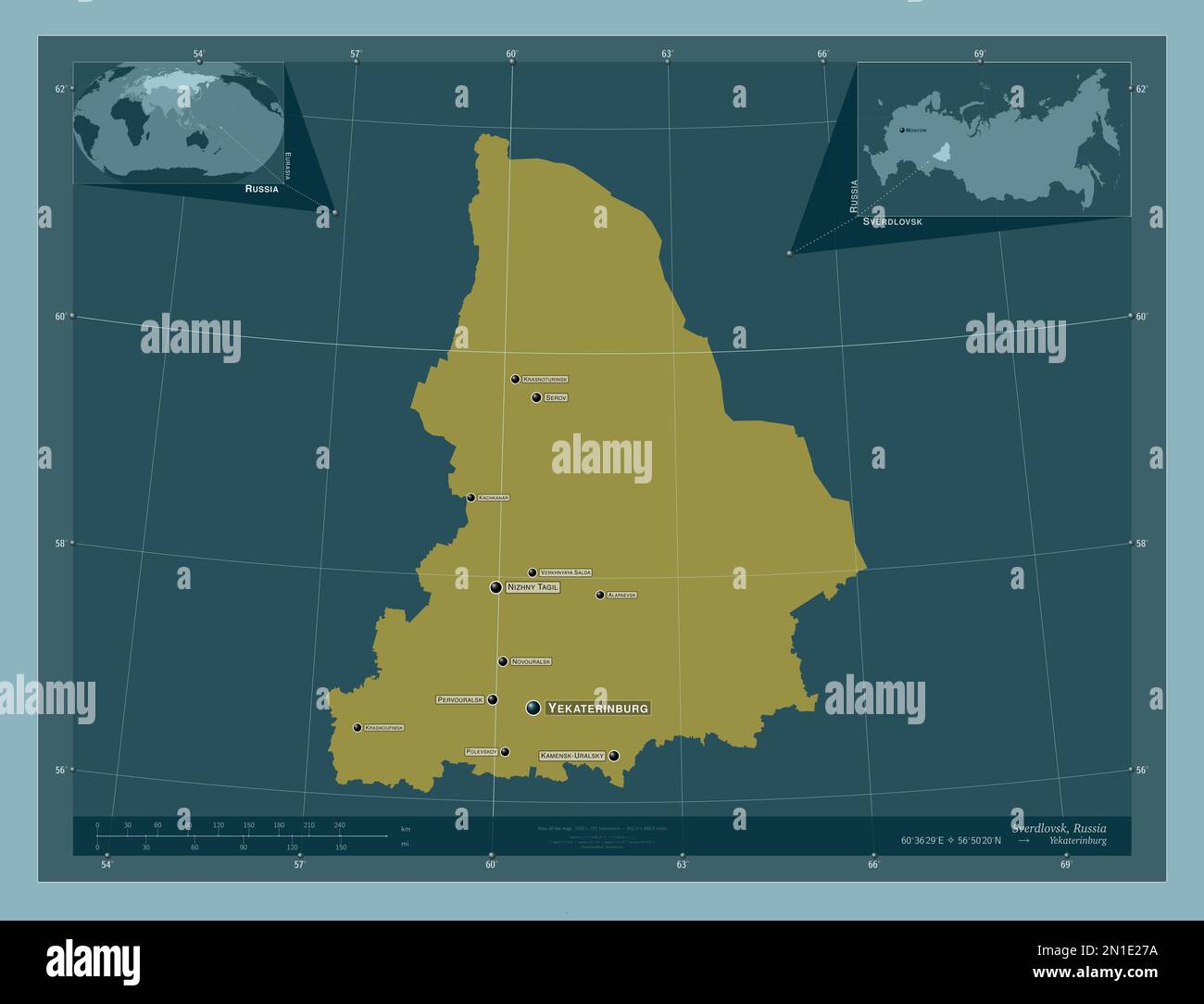 Sverdlovsk, region of Russia. Solid color shape. Locations and names of ...