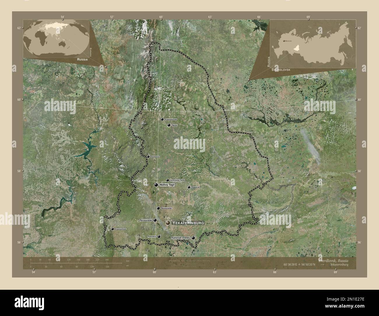 Sverdlovsk, region of Russia. High resolution satellite map. Locations ...
