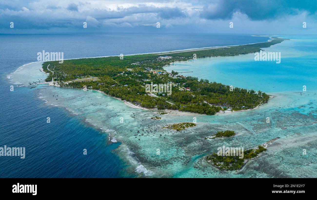 Aerial of the Anaa atoll, Tuamotu archipelago, French Polynesia, South ...