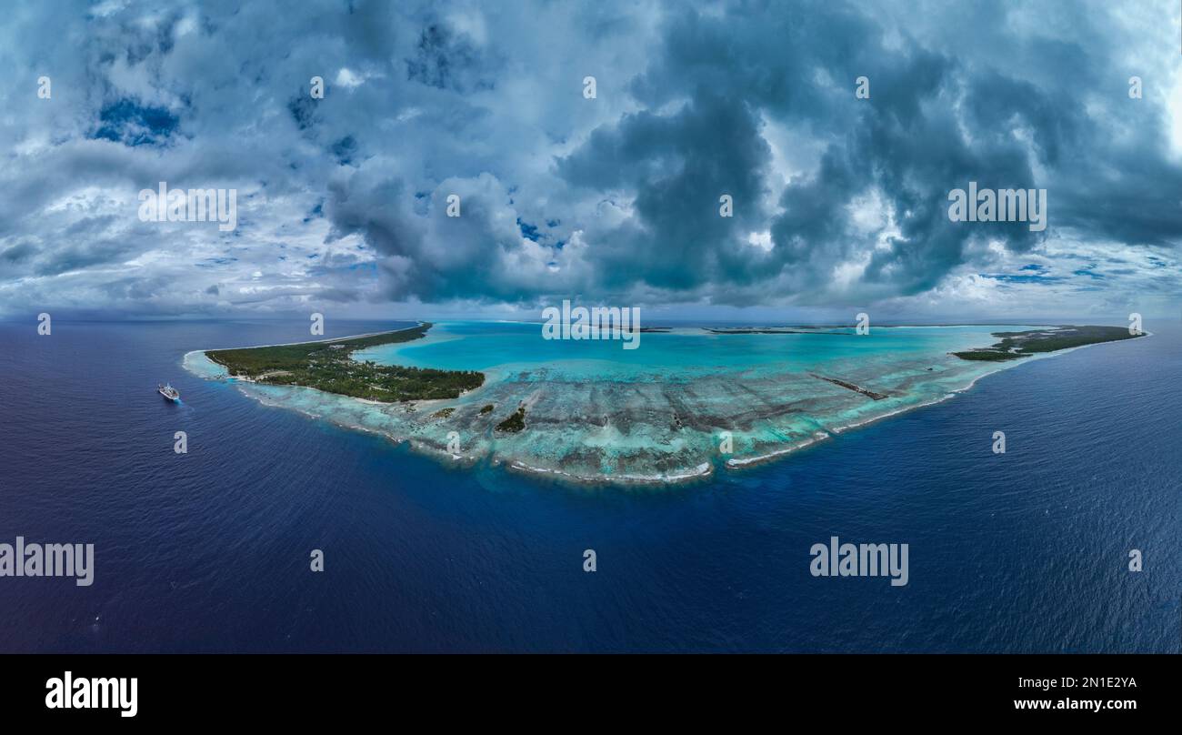 Panorama aerial of the Anaa atoll, Tuamotu archipelago, French ...
