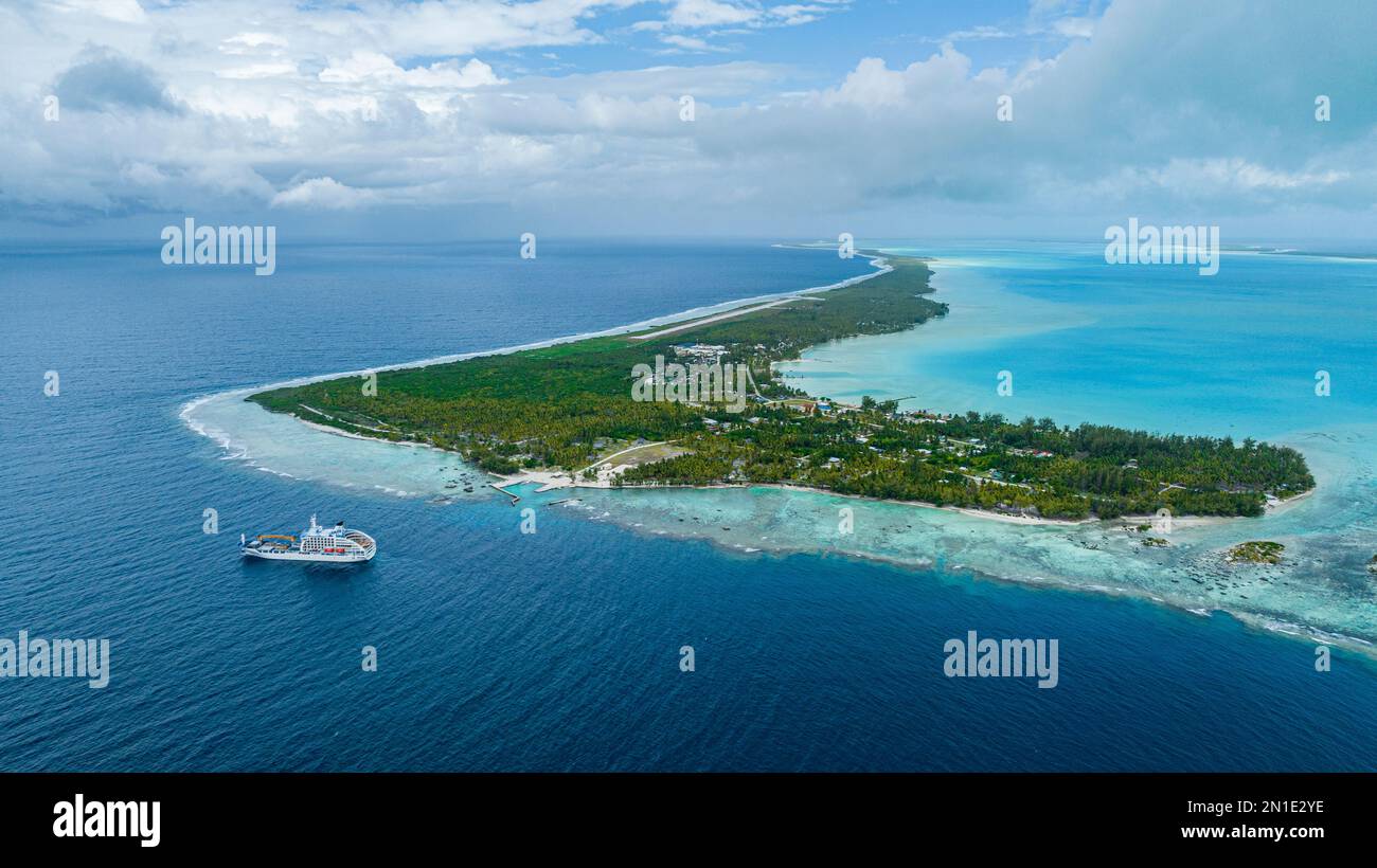 Aerial of the Anaa atoll, Tuamotu archipelago, French Polynesia, South ...