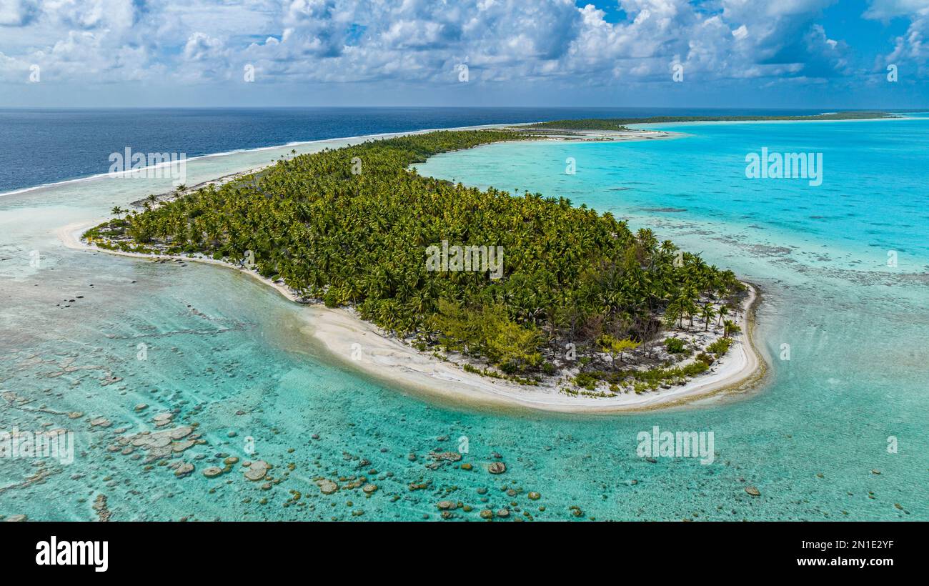 Aerial of a white coral beach, Anaa atoll, Tuamotu archipelago, French ...
