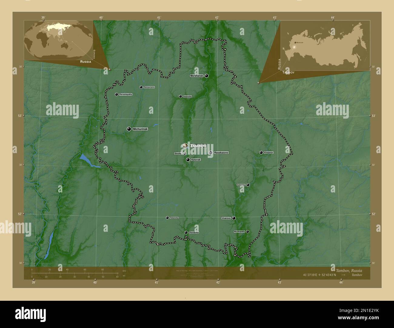 Tambov, region of Russia. Colored elevation map with lakes and rivers ...