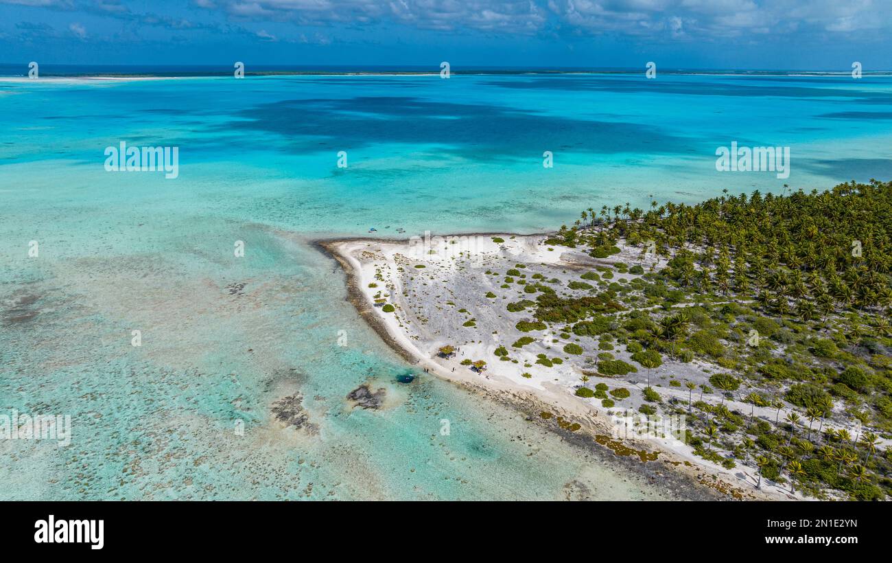 Aerial of a white coral beach, Anaa atoll, Tuamotu archipelago, French ...