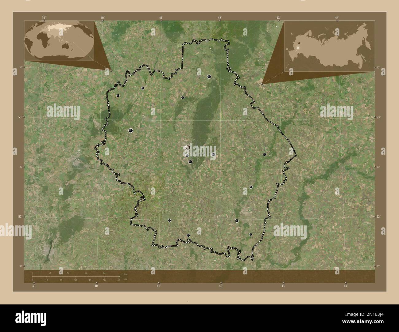 Tambov, region of Russia. Low resolution satellite map. Locations of ...