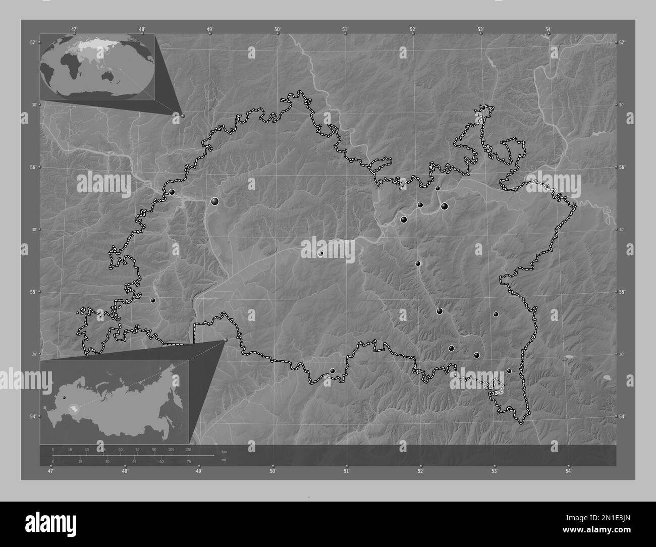 Tatarstan, republic of Russia. Grayscale elevation map with lakes and ...