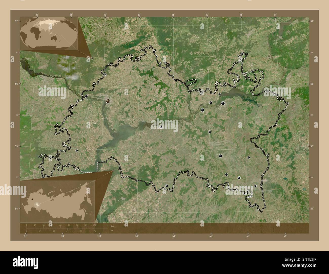 Tatarstan, republic of Russia. Low resolution satellite map. Locations ...