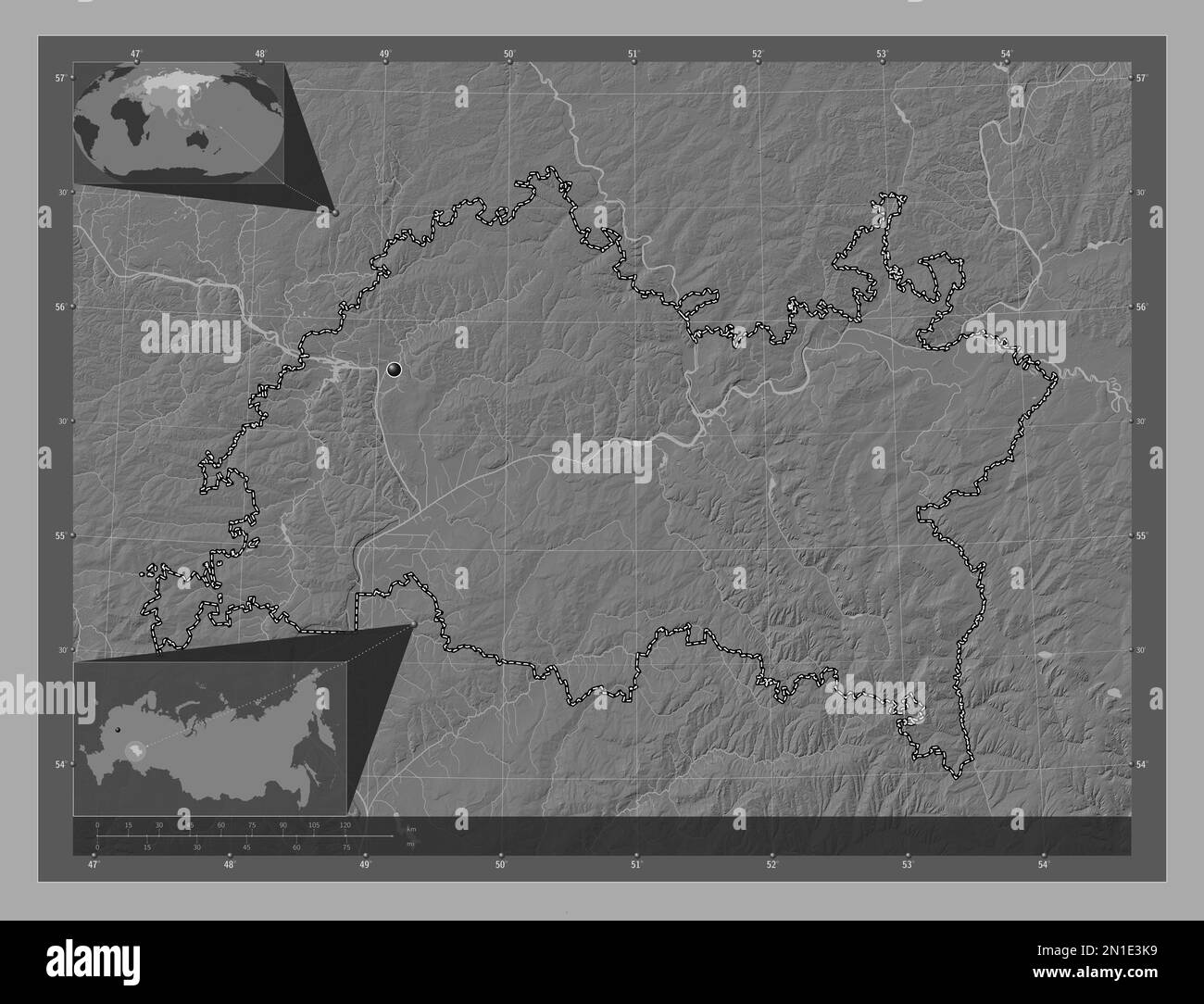 Tatarstan, republic of Russia. Bilevel elevation map with lakes and ...