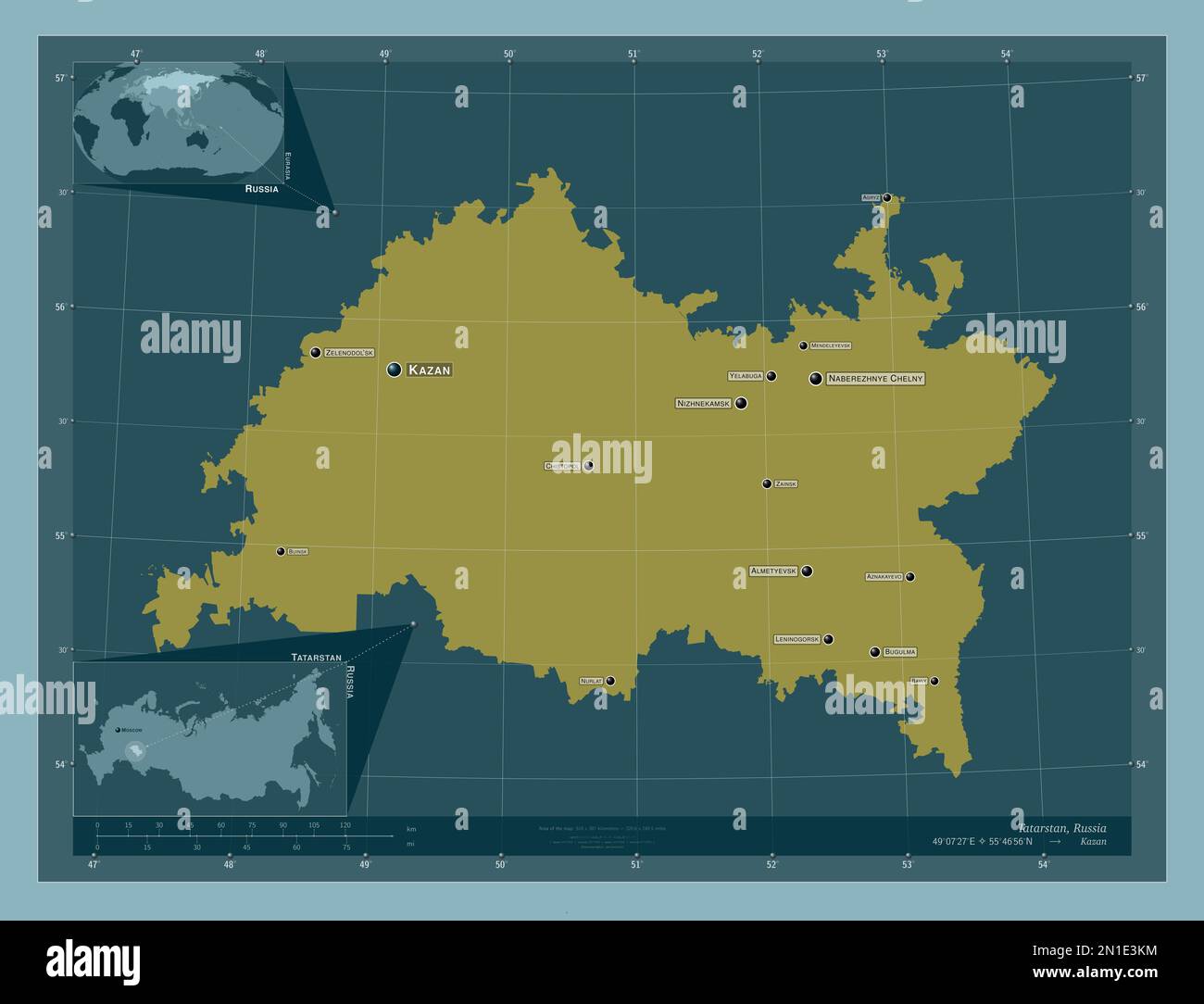 Tatarstan, republic of Russia. Solid color shape. Locations and names ...