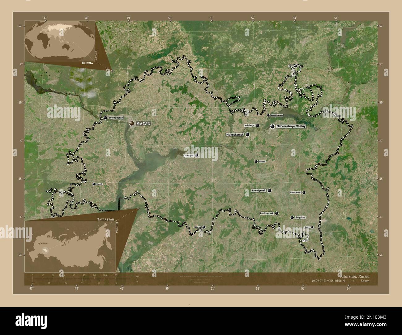 Tatarstan, republic of Russia. Low resolution satellite map. Locations ...