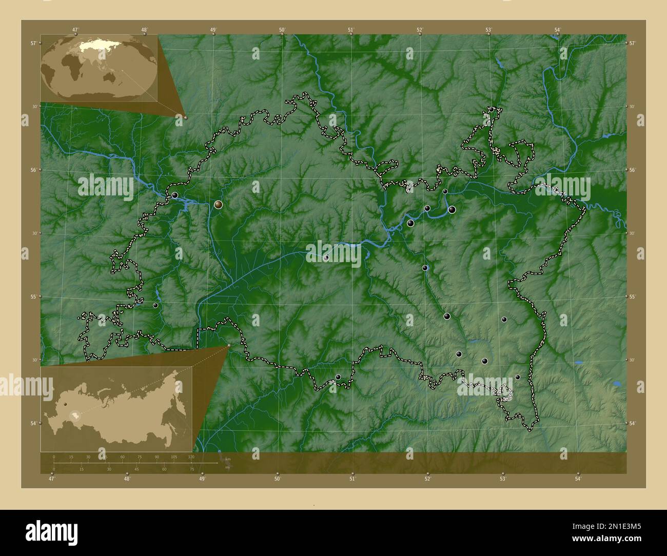Tatarstan, republic of Russia. Colored elevation map with lakes and ...