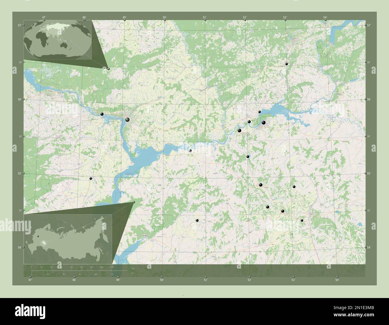 Tatarstan, republic of Russia. Open Street Map. Locations of major ...