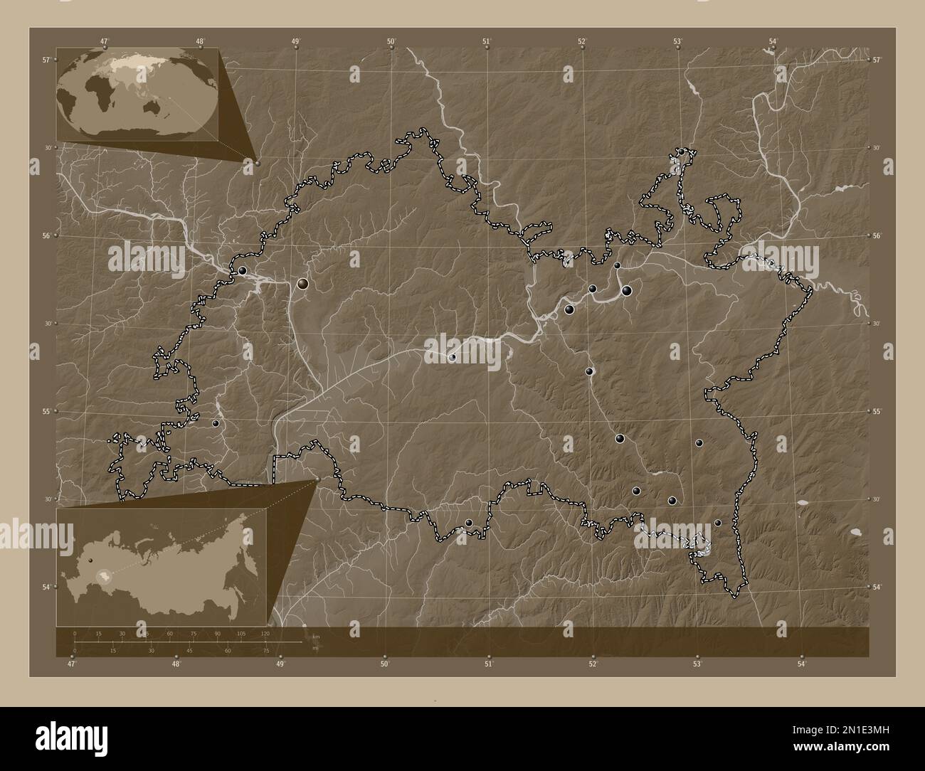 Tatarstan, republic of Russia. Elevation map colored in sepia tones ...