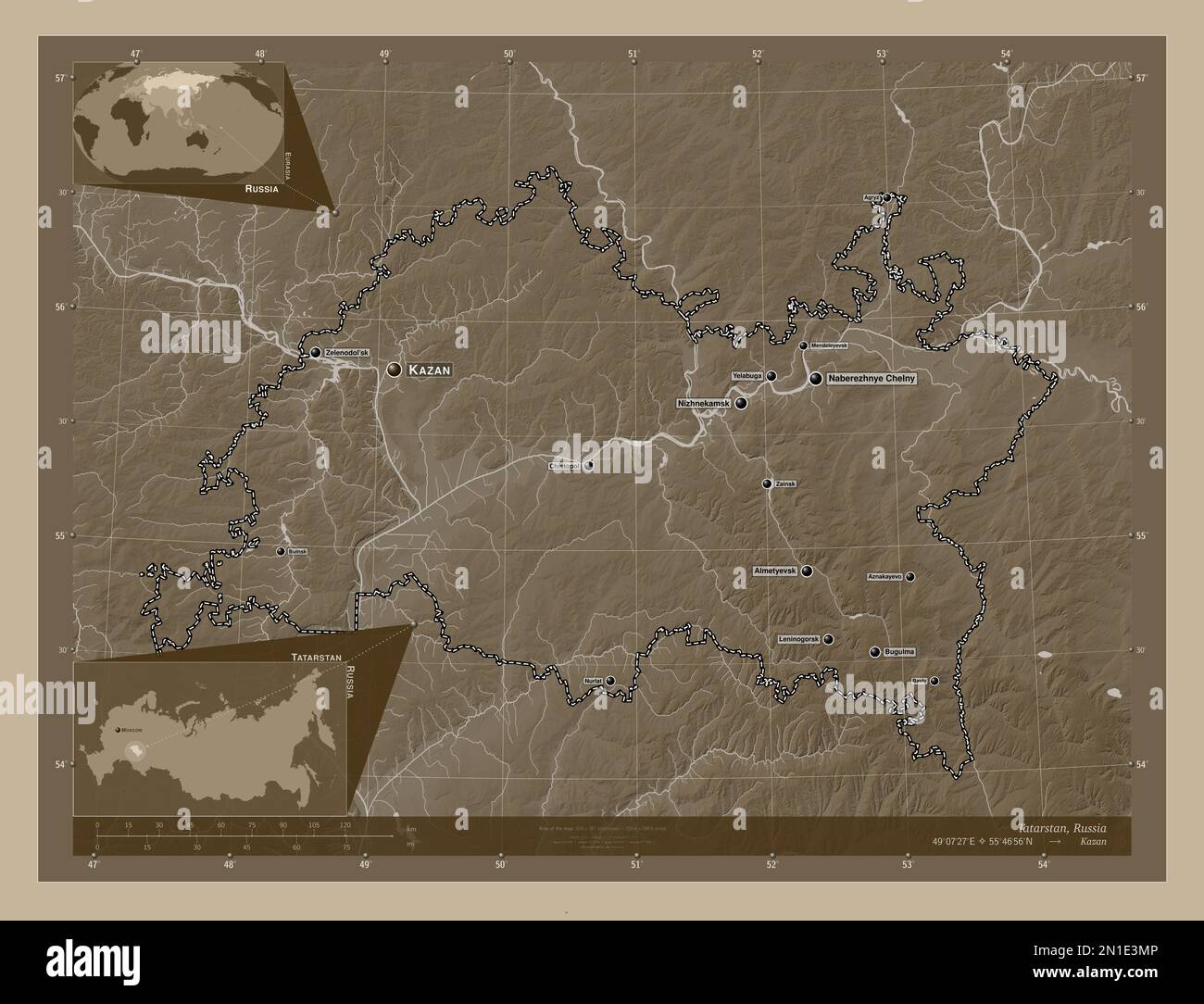 Tatarstan, republic of Russia. Elevation map colored in sepia tones ...