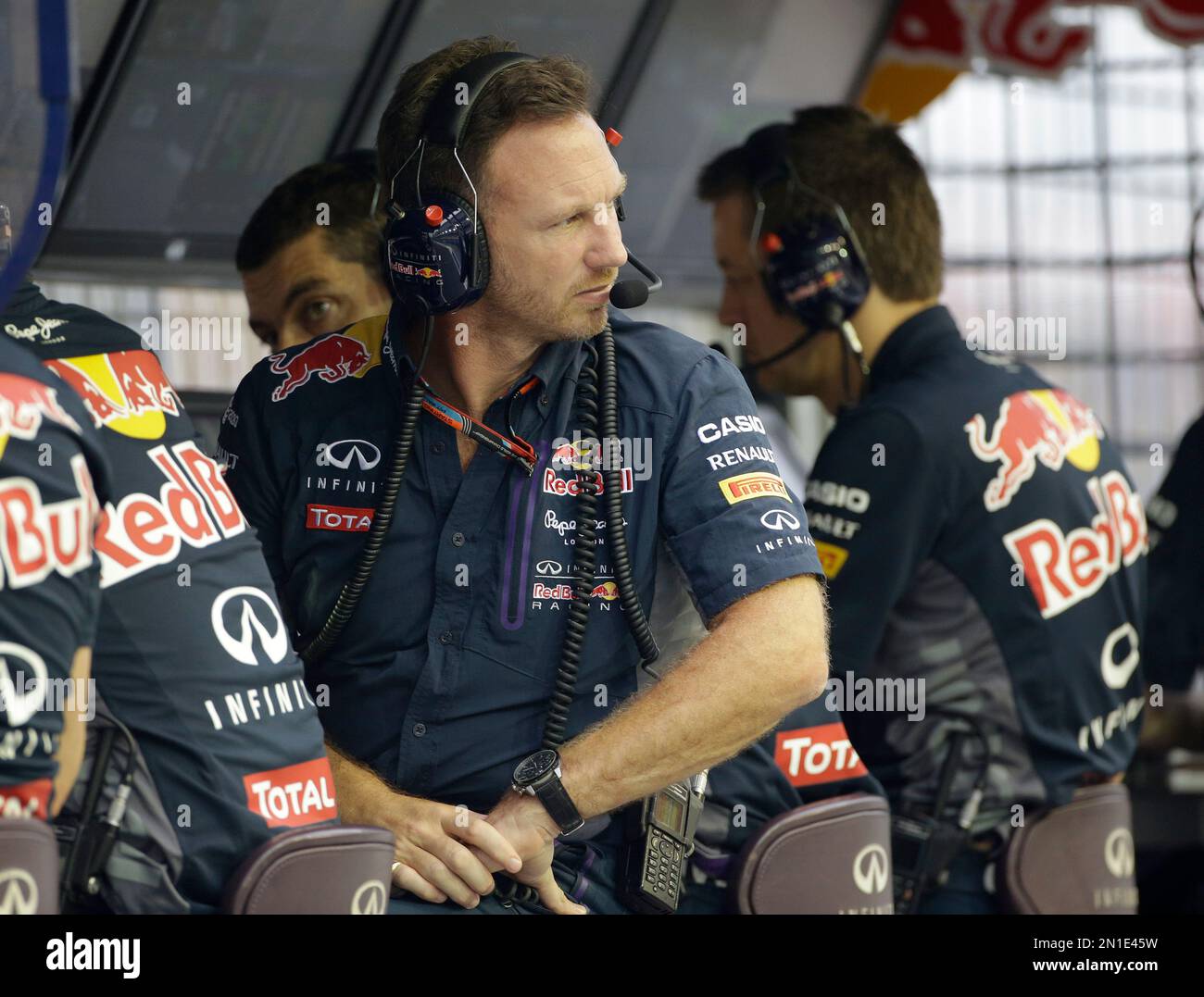 Red Bull racing team principal Christian Horner watches from pit wall ...