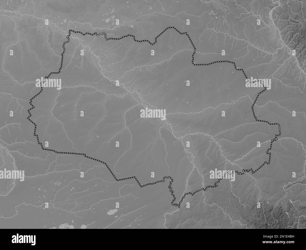 Tomsk, region of Russia. Grayscale elevation map with lakes and rivers ...