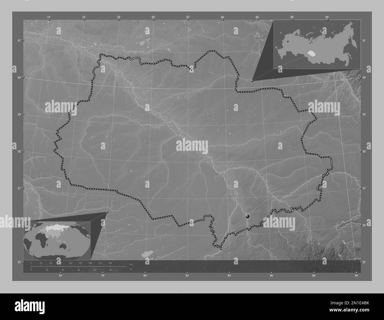 Tomsk, region of Russia. Grayscale elevation map with lakes and rivers ...