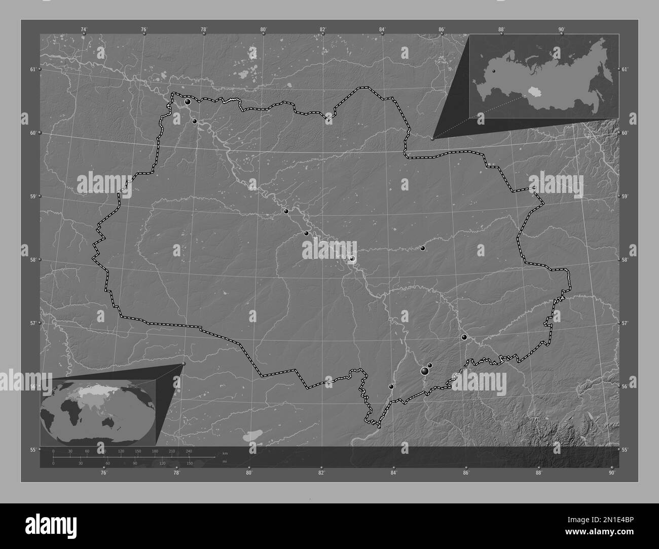 Tomsk, region of Russia. Bilevel elevation map with lakes and rivers ...