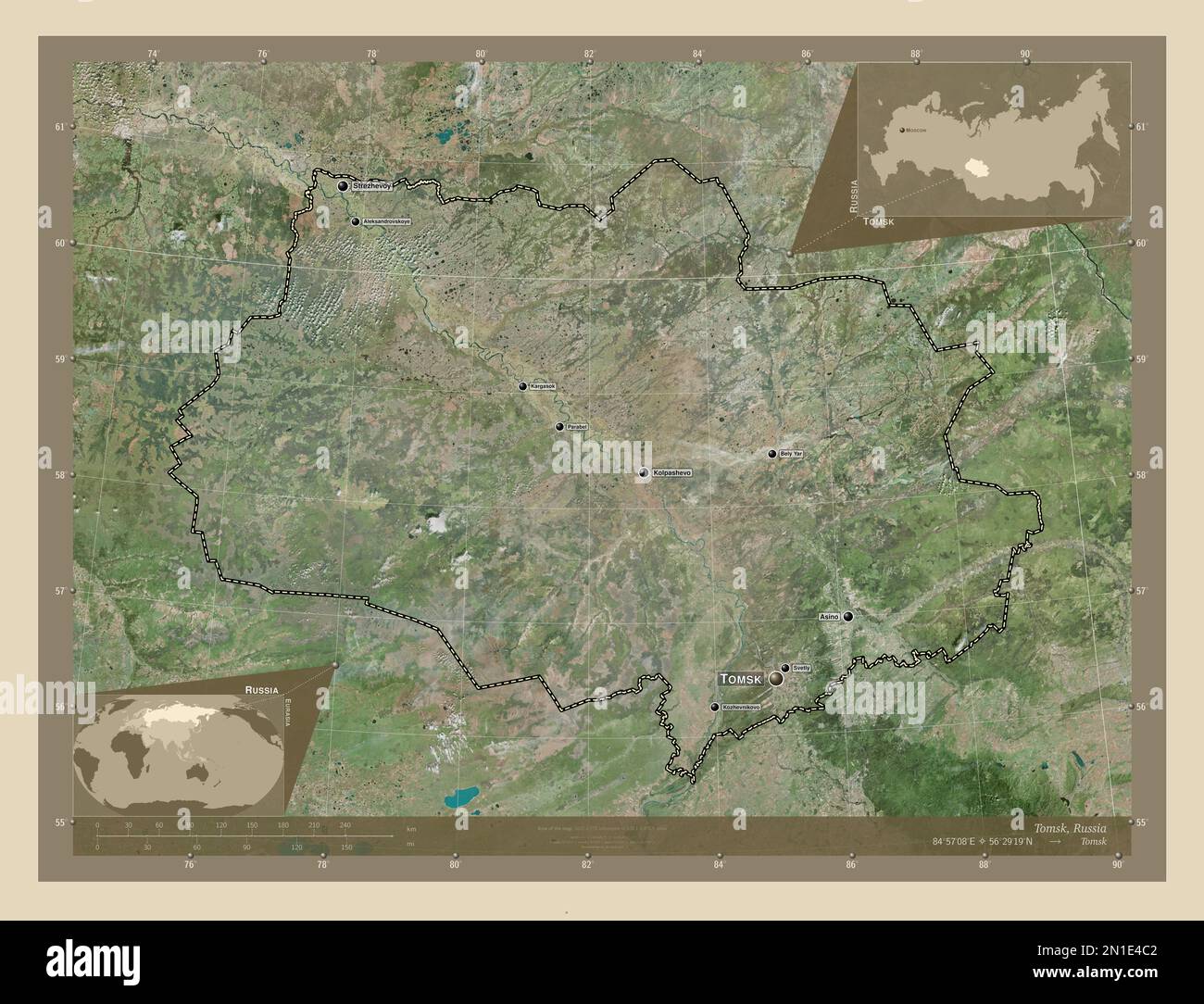 Tomsk, region of Russia. High resolution satellite map. Locations and ...