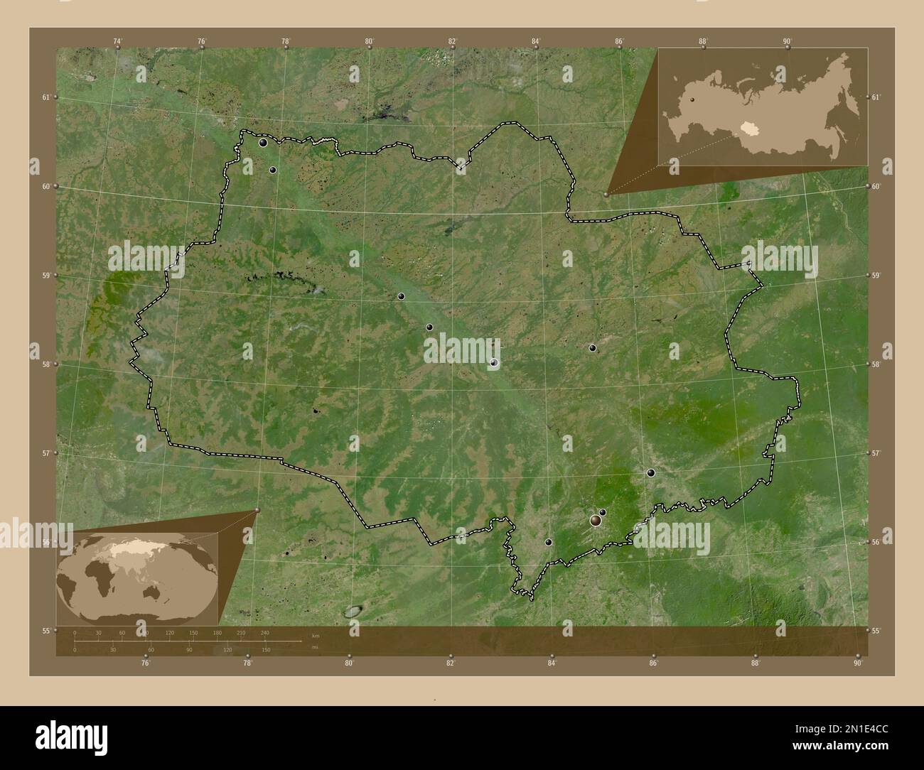 Tomsk, region of Russia. Low resolution satellite map. Locations of ...