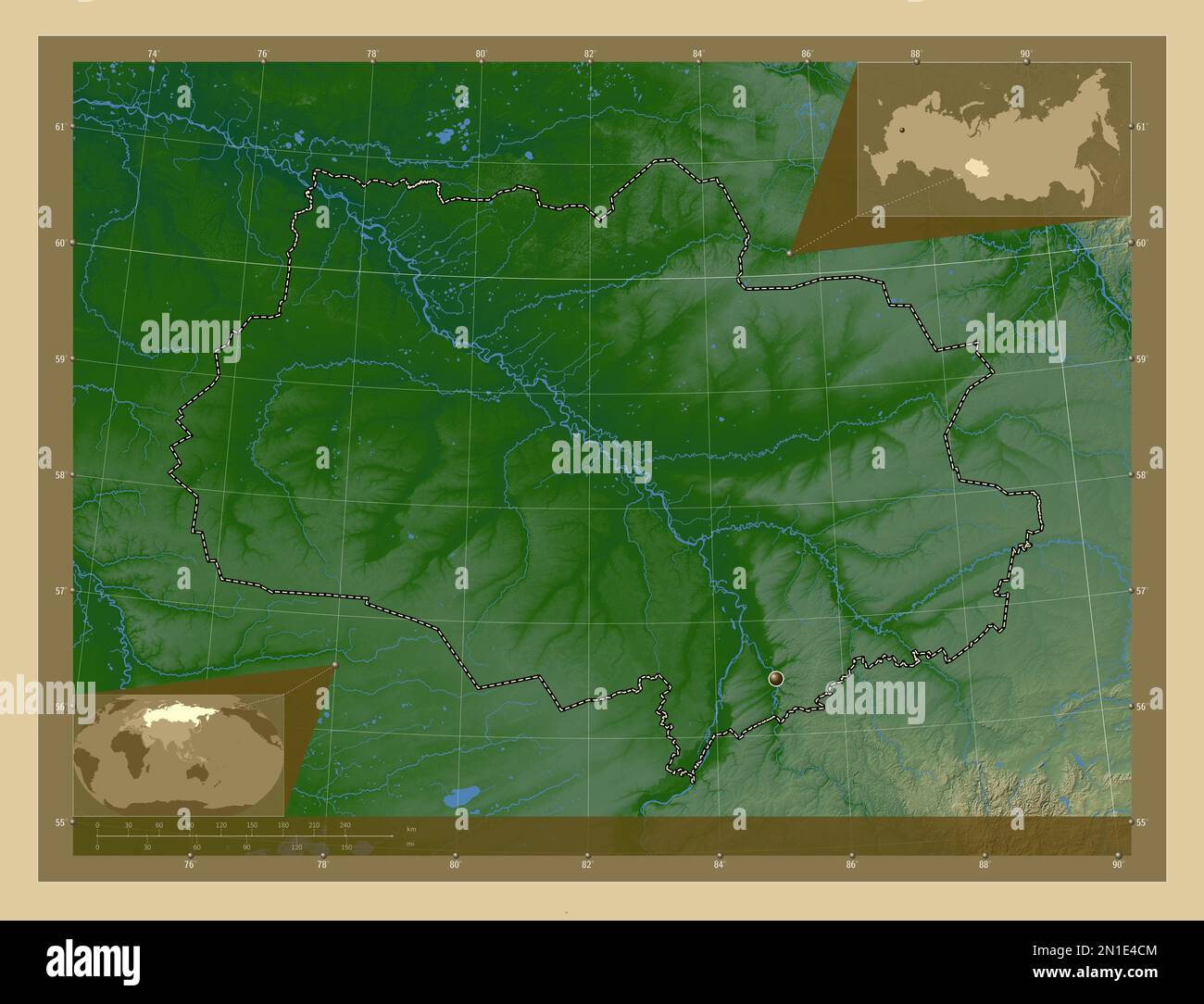 Tomsk, region of Russia. Colored elevation map with lakes and rivers ...