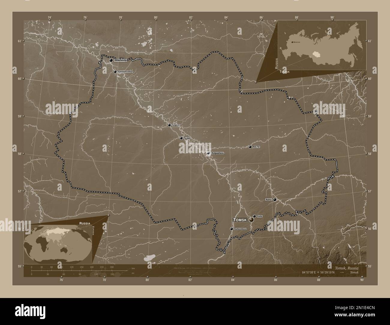 Tomsk, region of Russia. Elevation map colored in sepia tones with ...