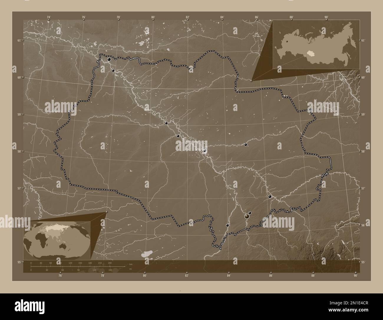 Tomsk, region of Russia. Elevation map colored in sepia tones with ...