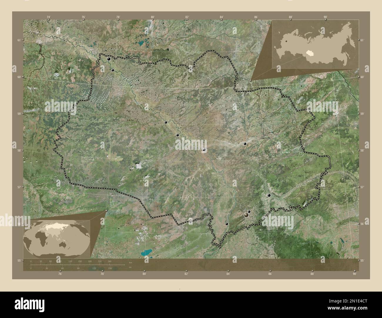 Tomsk, region of Russia. High resolution satellite map. Locations of ...