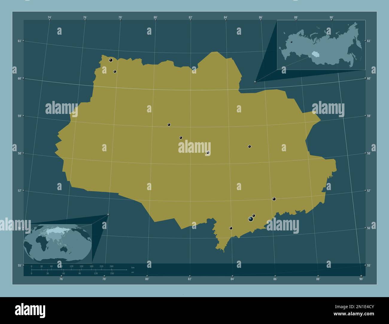 Tomsk, region of Russia. Solid color shape. Locations of major cities ...