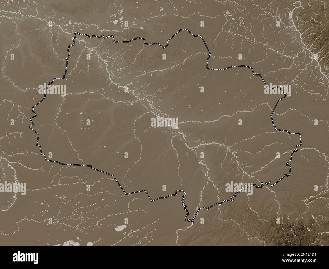 Tomsk, region of Russia. Elevation map colored in sepia tones with ...