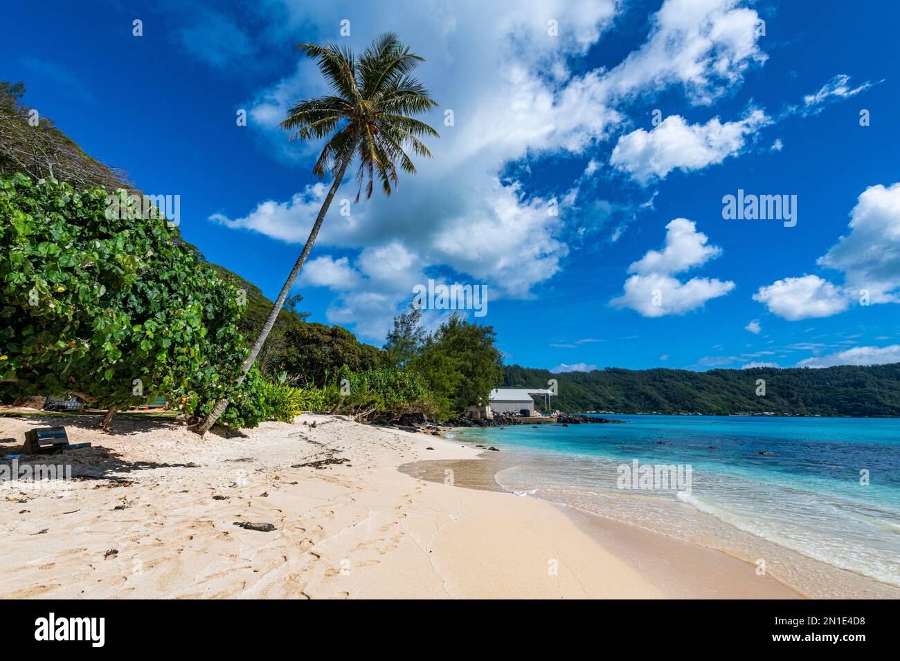 White sand beach in Rikitea village, Mangareva, Gambier archipelago ...