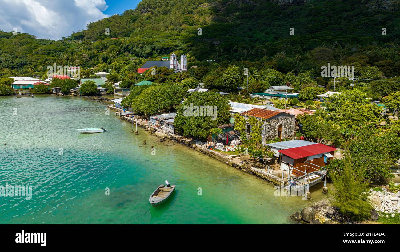 Aerial of Rikitea village, Mangareva, Gambier archipelago, French ...