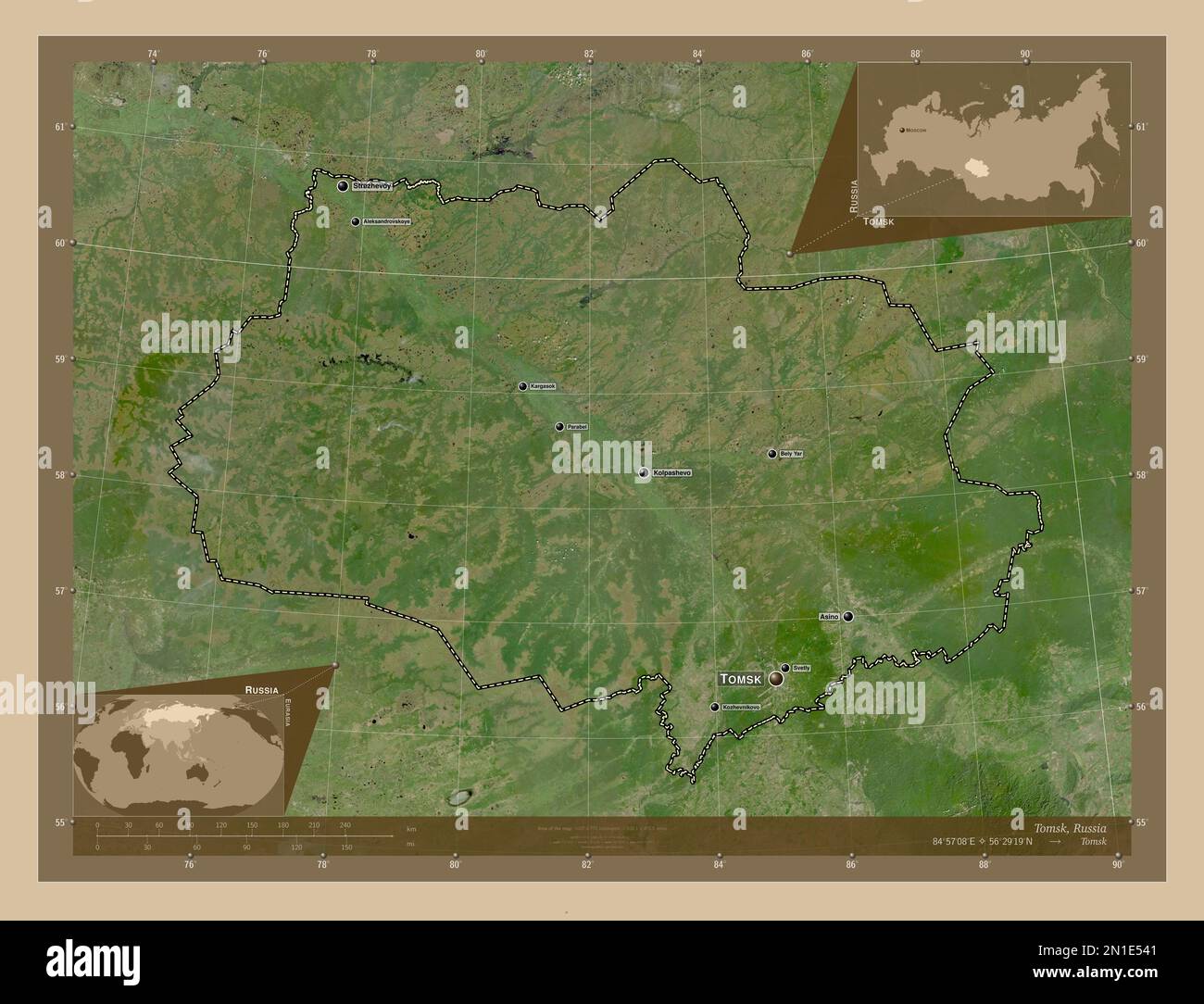 Tomsk, region of Russia. Low resolution satellite map. Locations and ...