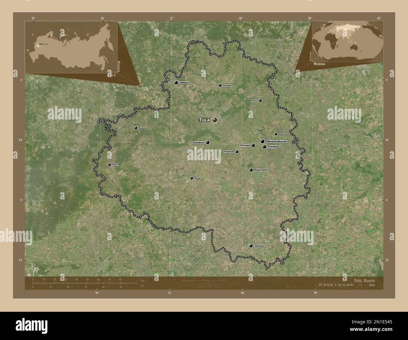 Tula, region of Russia. Low resolution satellite map. Locations and ...