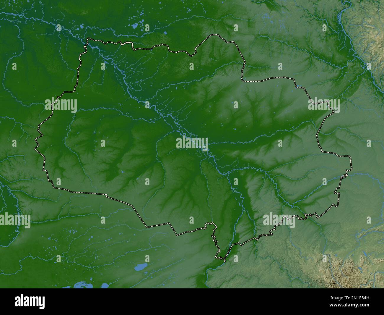 Tomsk, region of Russia. Colored elevation map with lakes and rivers ...