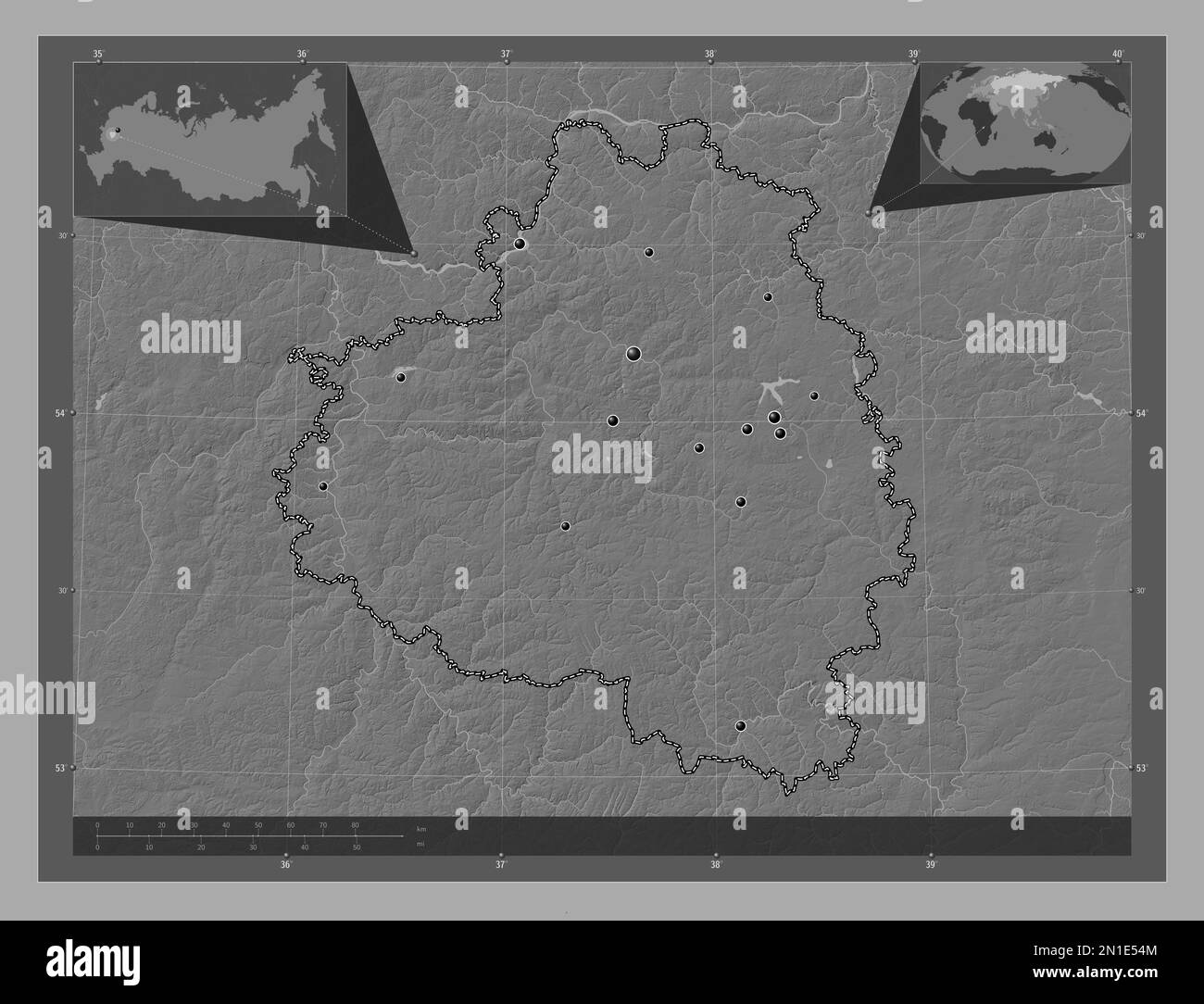 Tula, region of Russia. Bilevel elevation map with lakes and rivers ...