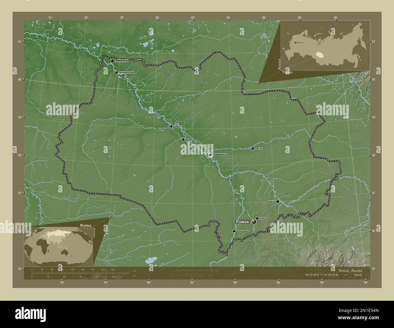 Tomsk, region of Russia. Elevation map colored in wiki style with lakes ...