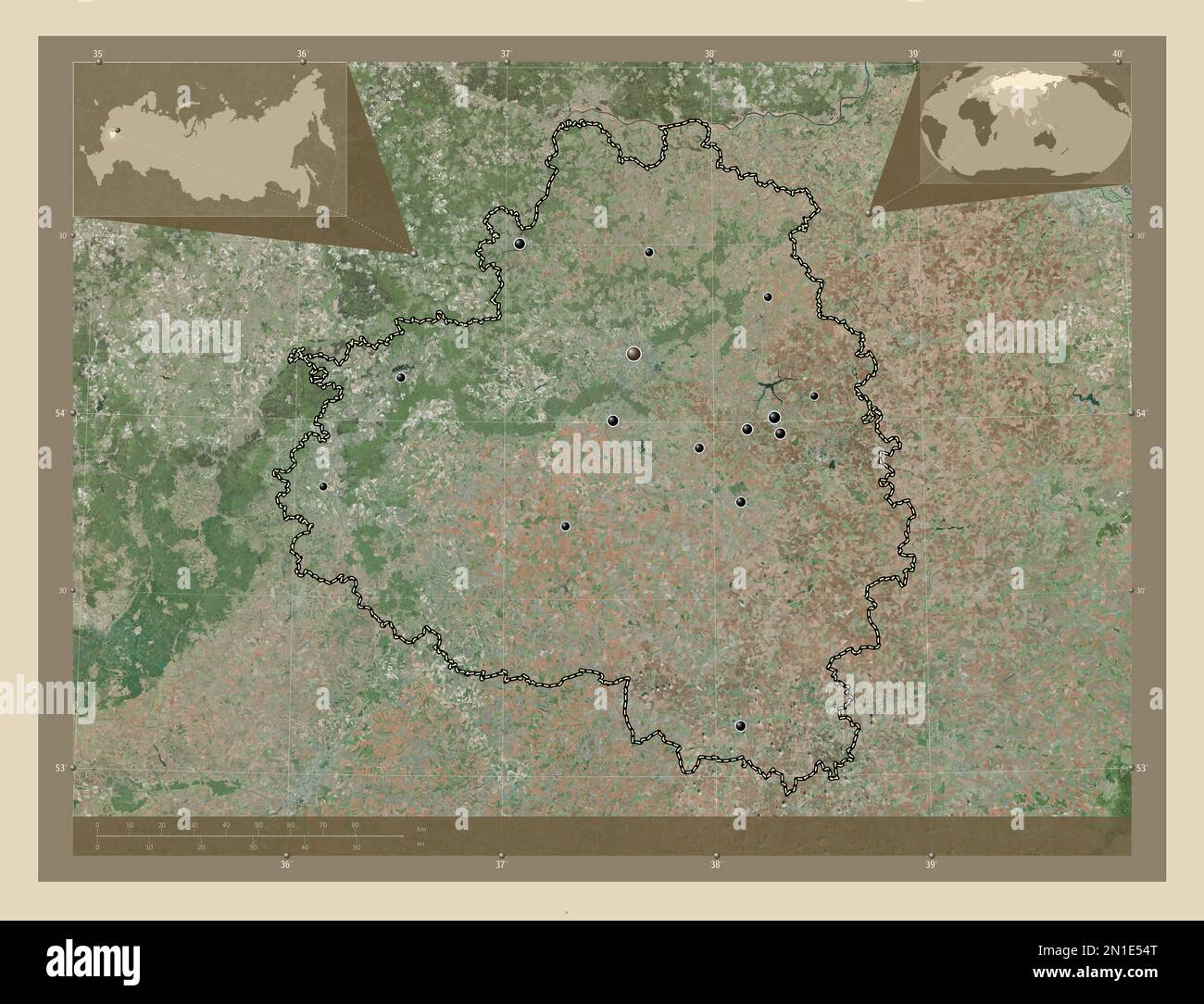 Tula, region of Russia. High resolution satellite map. Locations of ...