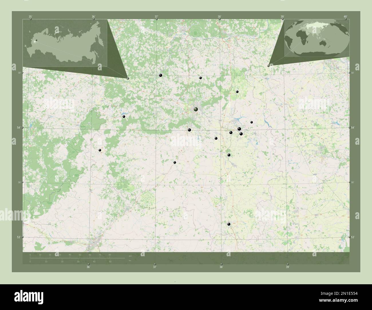 Tula, region of Russia. Open Street Map. Locations of major cities of ...
