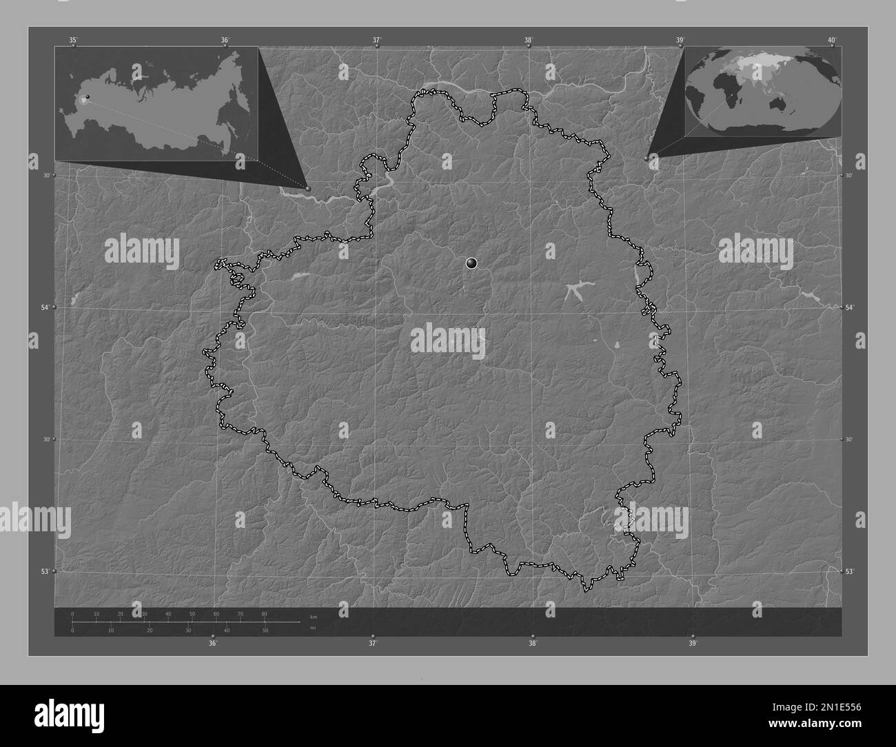 Tula, region of Russia. Bilevel elevation map with lakes and rivers ...